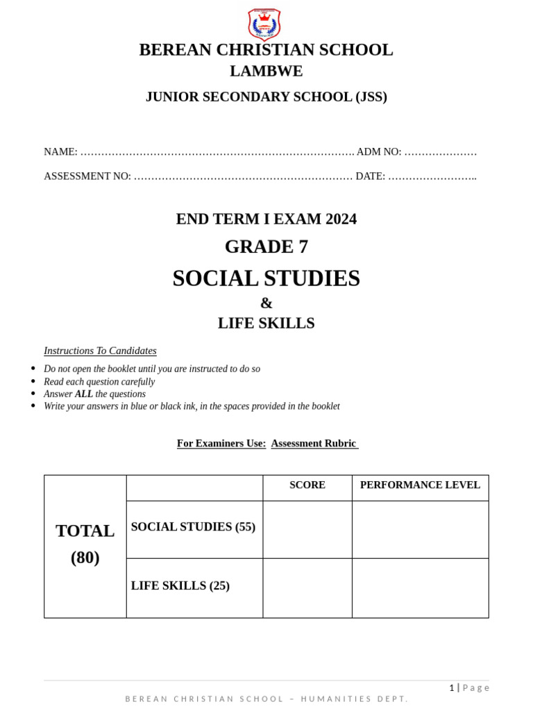 Social Studies & Life Skills Grade 7 Exam | PDF