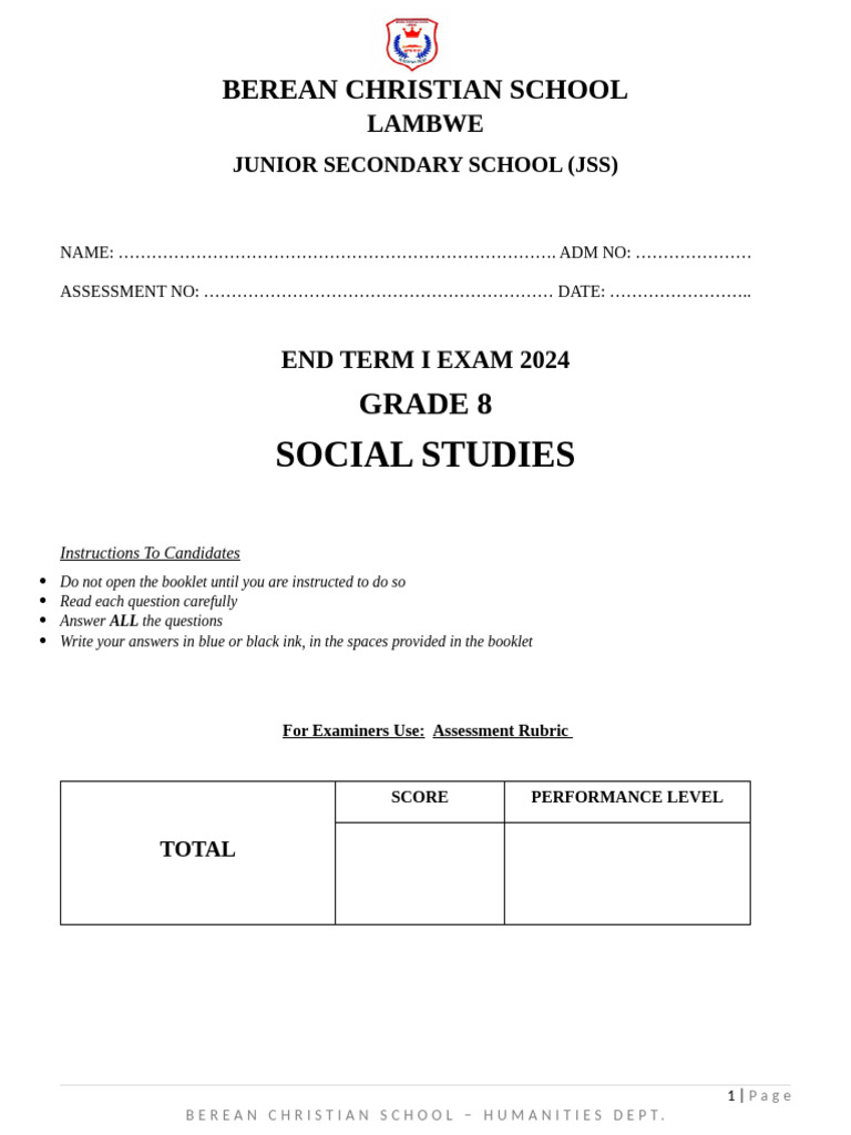Social Studies & Life Skills Grade 8 Exam | PDF