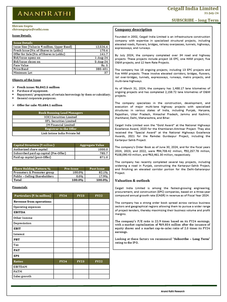 Ceigall India Limited IPO Details and Outlook | PDF | Infrastructure ...