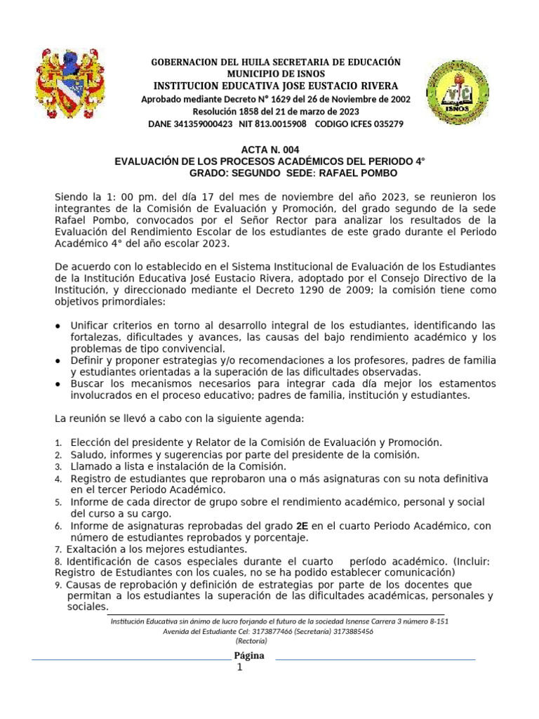 Acta de Evaluacion 4 Periodo Grado Segundo | PDF | Organizaciones educativas | Academia