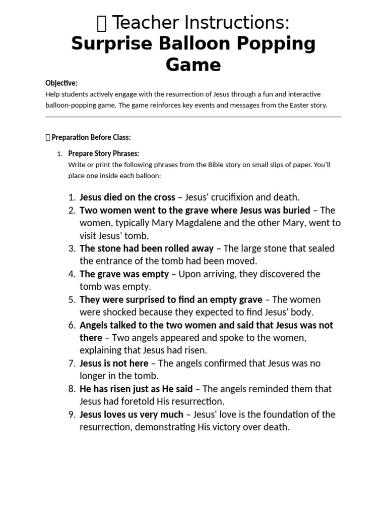 Teacher Instructions_Balloon Popping Activity | PDF | Resurrection Of ...