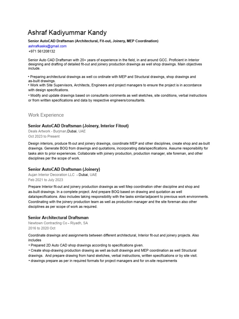 ASHRAF KK Senior AutoCAD Draughtsman Resume-2023 Deals Artwork | PDF | Technical Drawing | Drawing