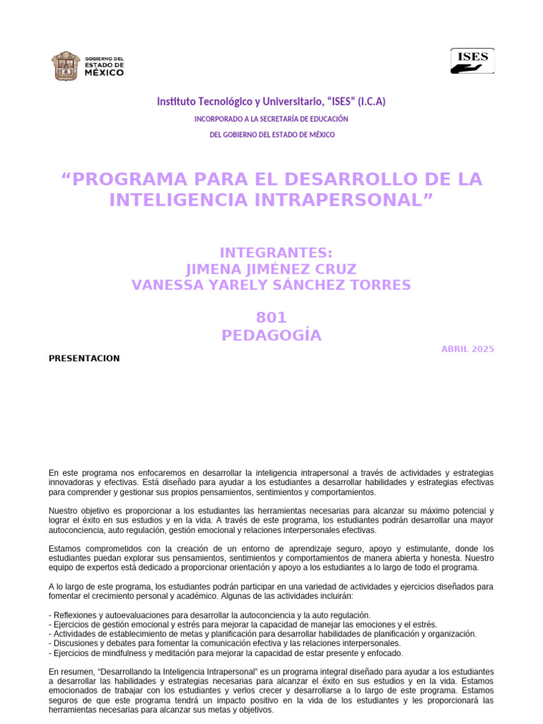 Programa Inteligencia Intrapersonal | PDF | Las emociones | Inteligencia