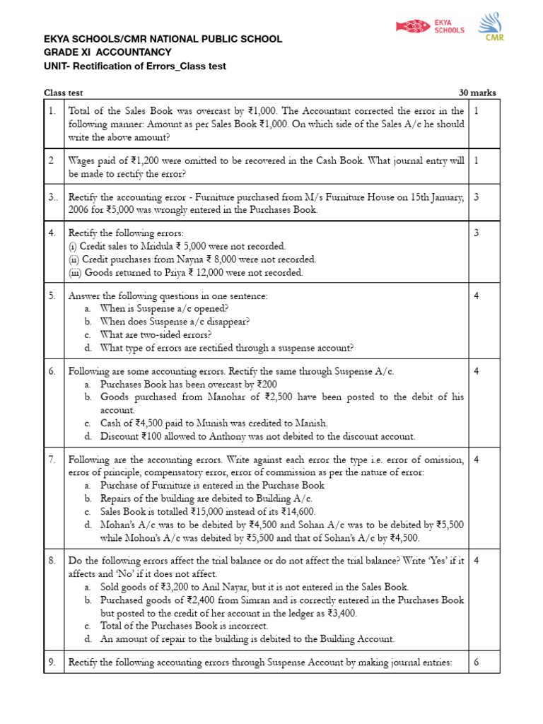GR XI Rectification of Errors Class Test | PDF | Debits And Credits ...