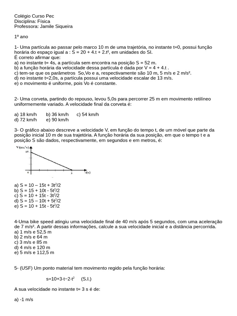 Atividades AV2 1º Ano EM | PDF | Velocidade | Velocidade