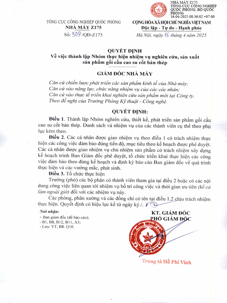 Quyet dinh ve viec thanh lap Nhom thuc hien nhiem vu nghien cuu san xuat san pham goi cau cao su ...