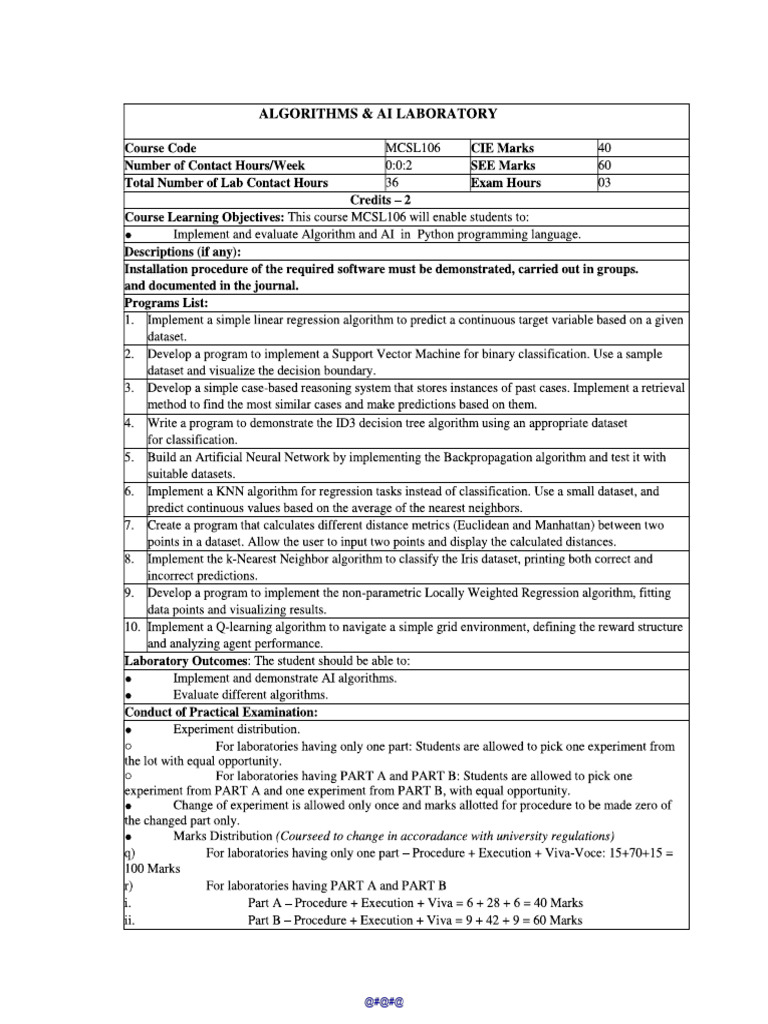 Algorithms & Ai Lab Syllabus 2024 | PDF