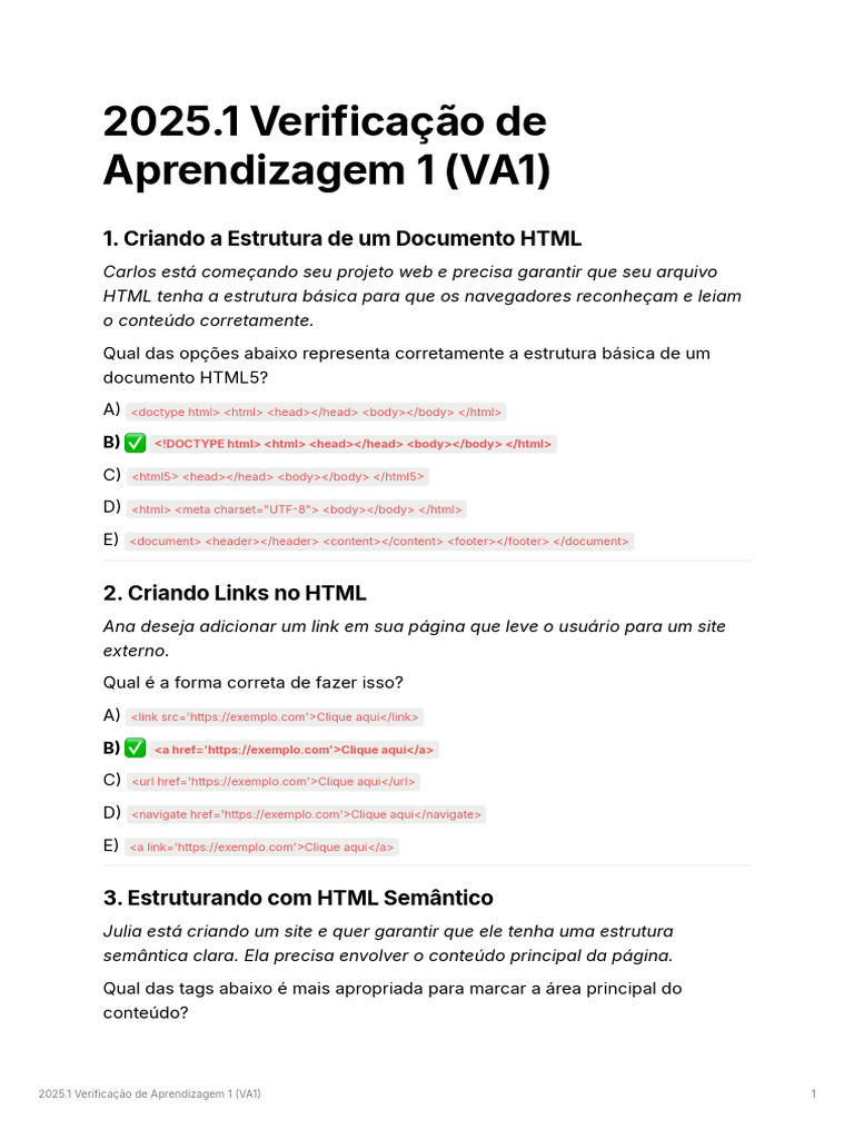 2025.1 Verificao de Aprendizagem 1 (Va1) | PDF | Html | Internet