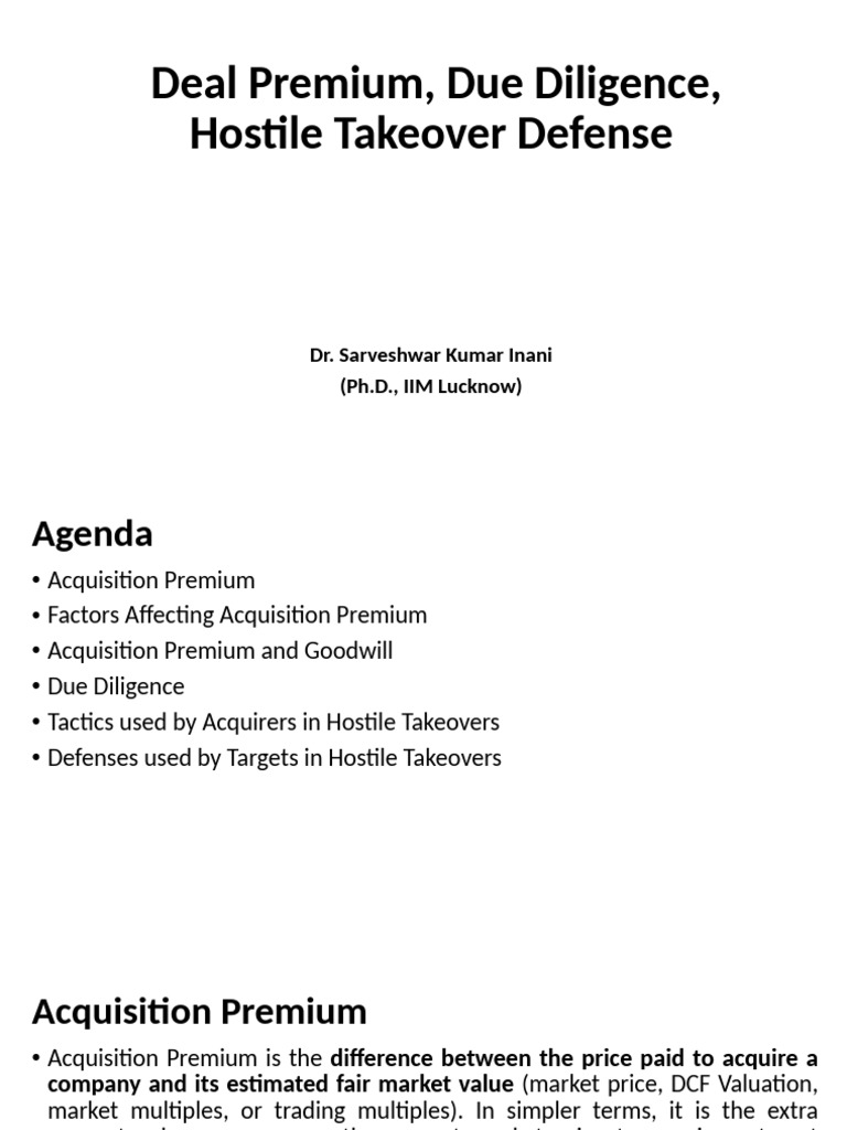 Session 17. Deal Premium, Due Diligence, Hostile Takeover Defense | PDF ...