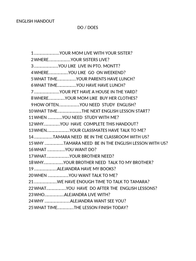 Do - Does English Handout | PDF