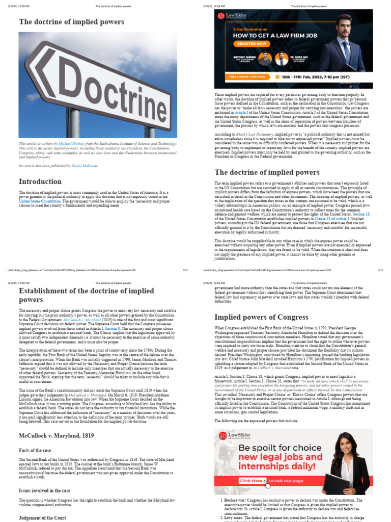 Understanding Implied Powers in U.S. Law | PDF | Necessary And Proper ...