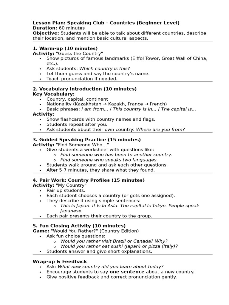 Beginner Speaking Club: Countries Lesson | PDF | Japanese Language ...