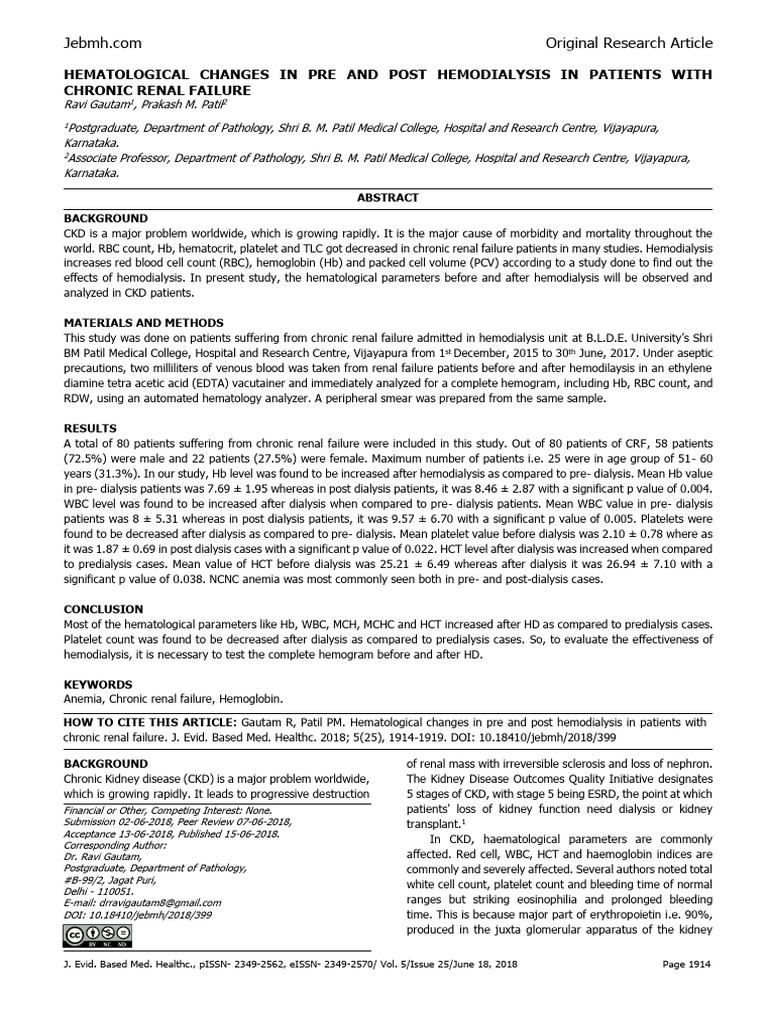Hematological Changes in Pre and Post Hemodialysis in Patients With ...