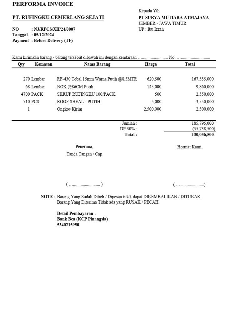 05. PERFORMA INVOICE SURYA MUTIARA 1 (1) | PDF