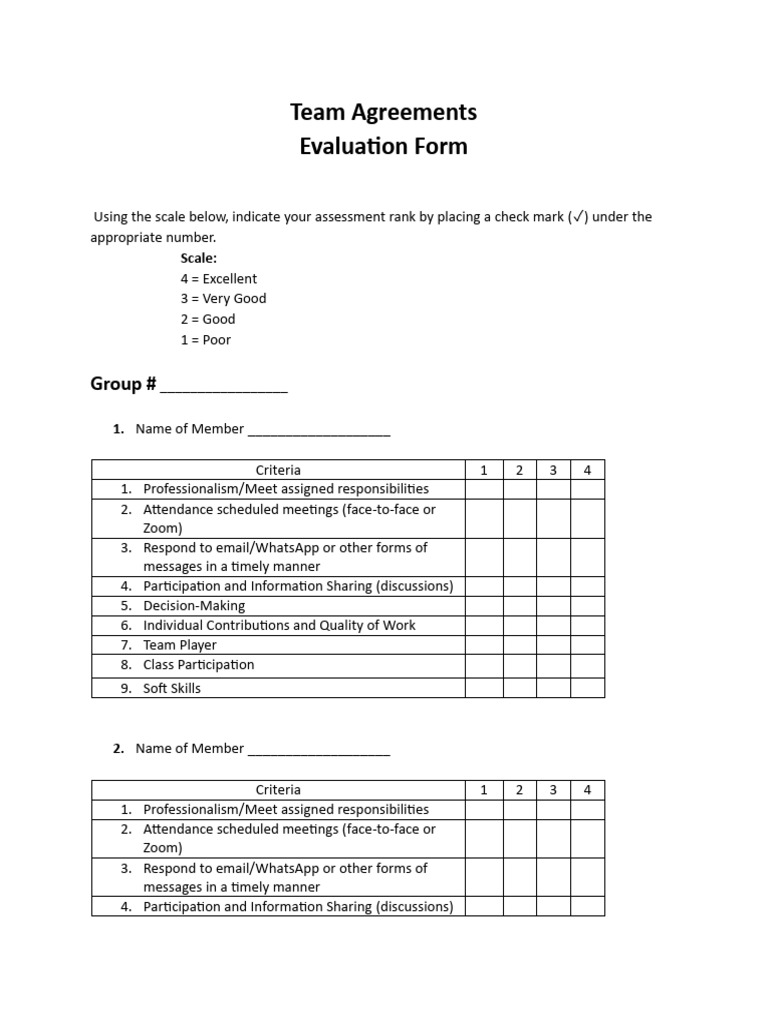 Team Agreement Evaluation Form 2 | PDF