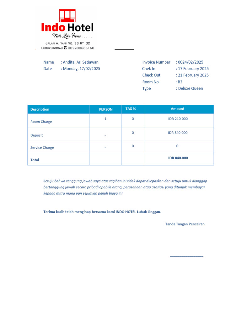 Invoice Penginapan di Indohotel | PDF