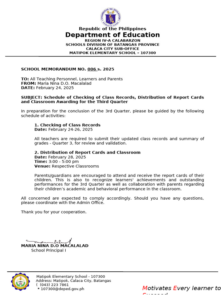 School Memorandum_006_Distribution of Report Card and Awarding of Honors for 3rd Grading Period ...