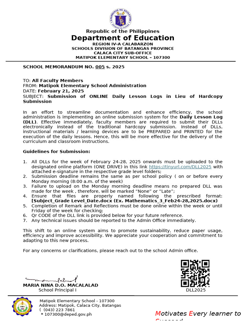 School Memorandum - 005 - Submission of Online DLLs | PDF | Learning