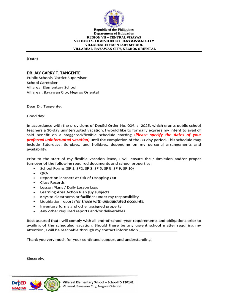 Letter of Intent 30 Day Mandatory Vacation Leave | PDF | Learning