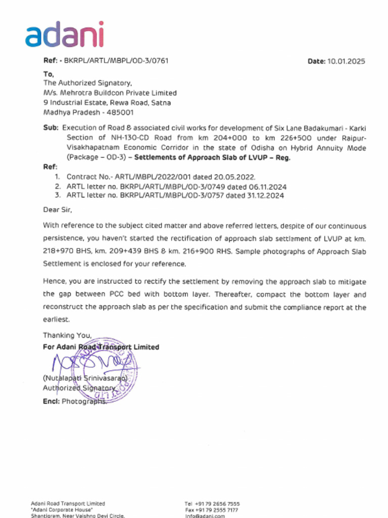 Letter MBPL-0761 Dated 10.01.2025 Settlements of Approach Slab of LVUP | PDF