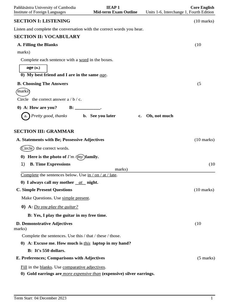 IEAP 1 Core Midterm Exam Outline | PDF | Linguistics | Grammar