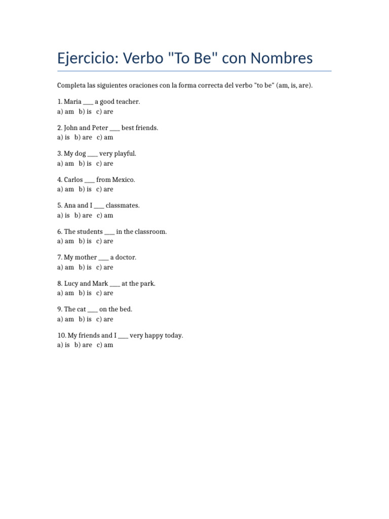 Ejercicio Verbo To Be Nombres | PDF