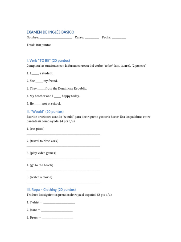 Examen Ingles Basico | PDF