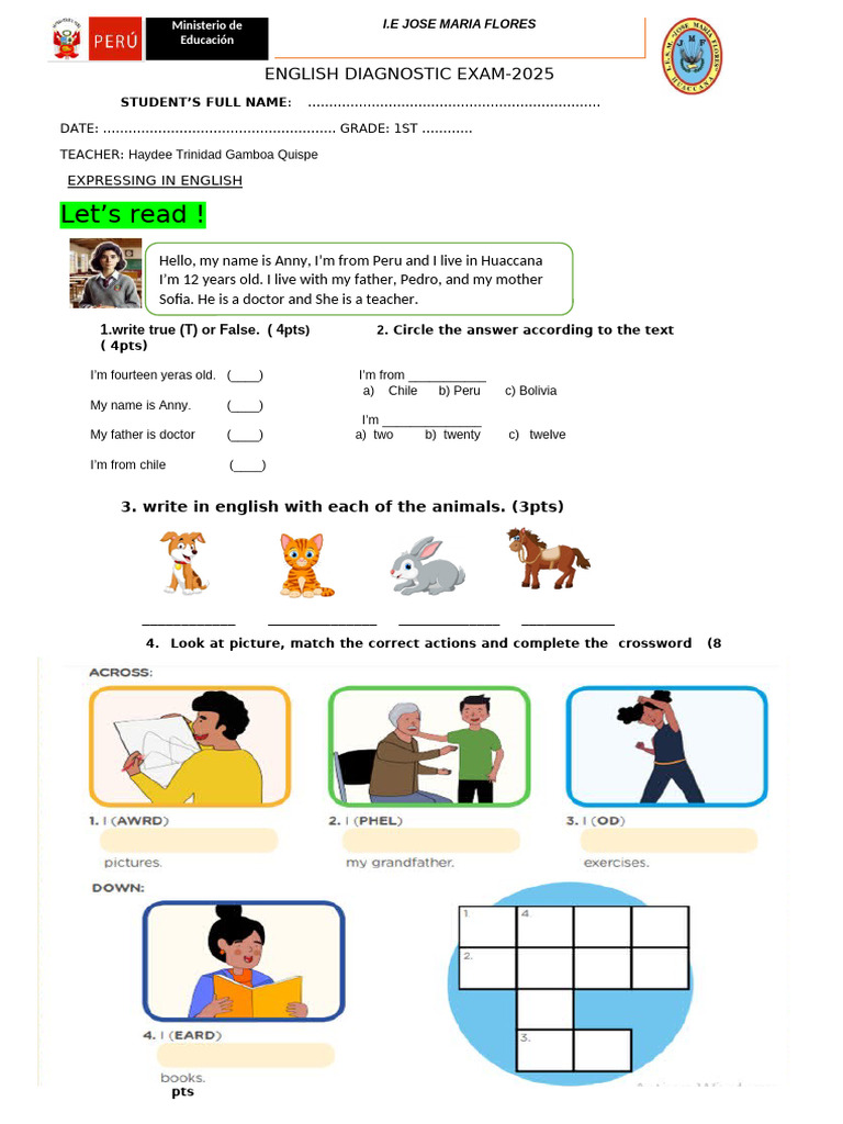 English Diagnostic Exam for 1st Grade | PDF