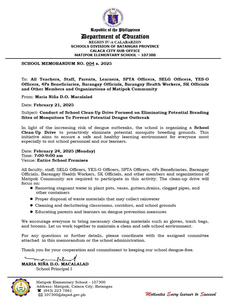 School Memo - 004 - Clean Up Drive For Dengue-Free School | PDF