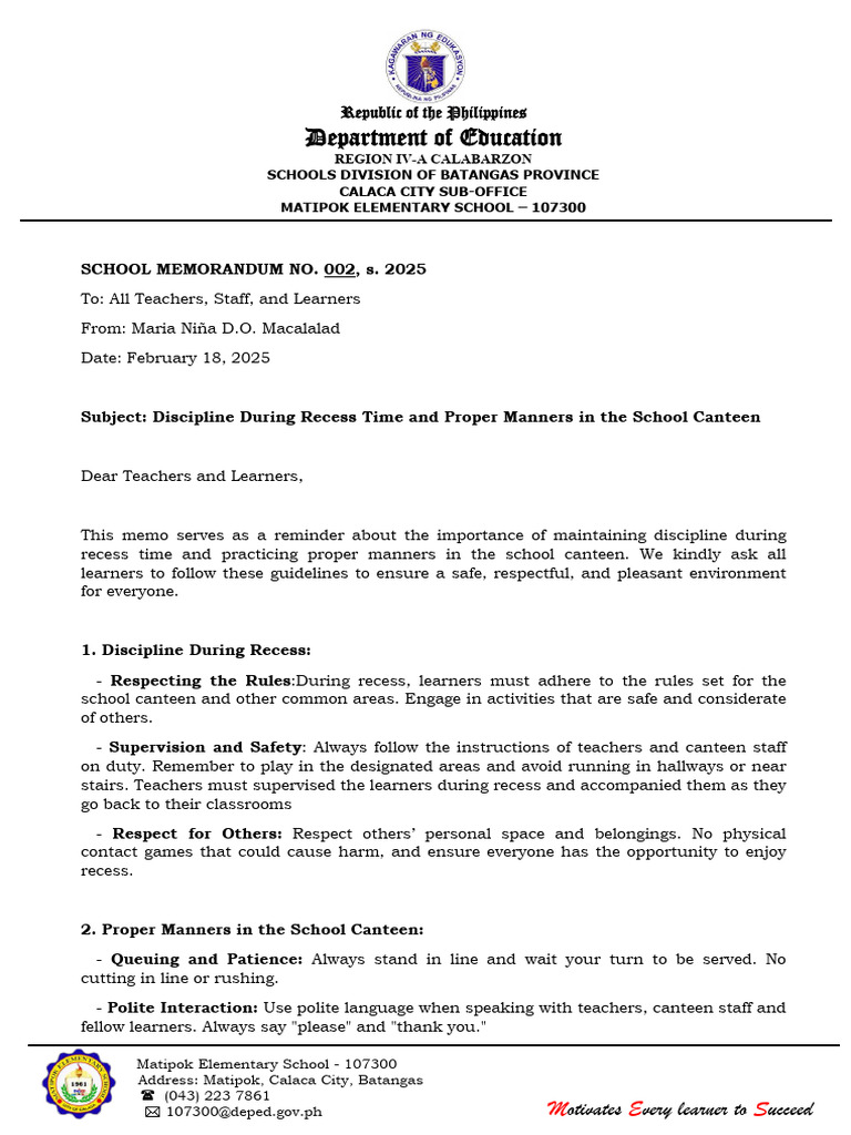 School Memo - 002 - Discipline During Recess Time and Proper Manners in The School Canteen | PDF ...