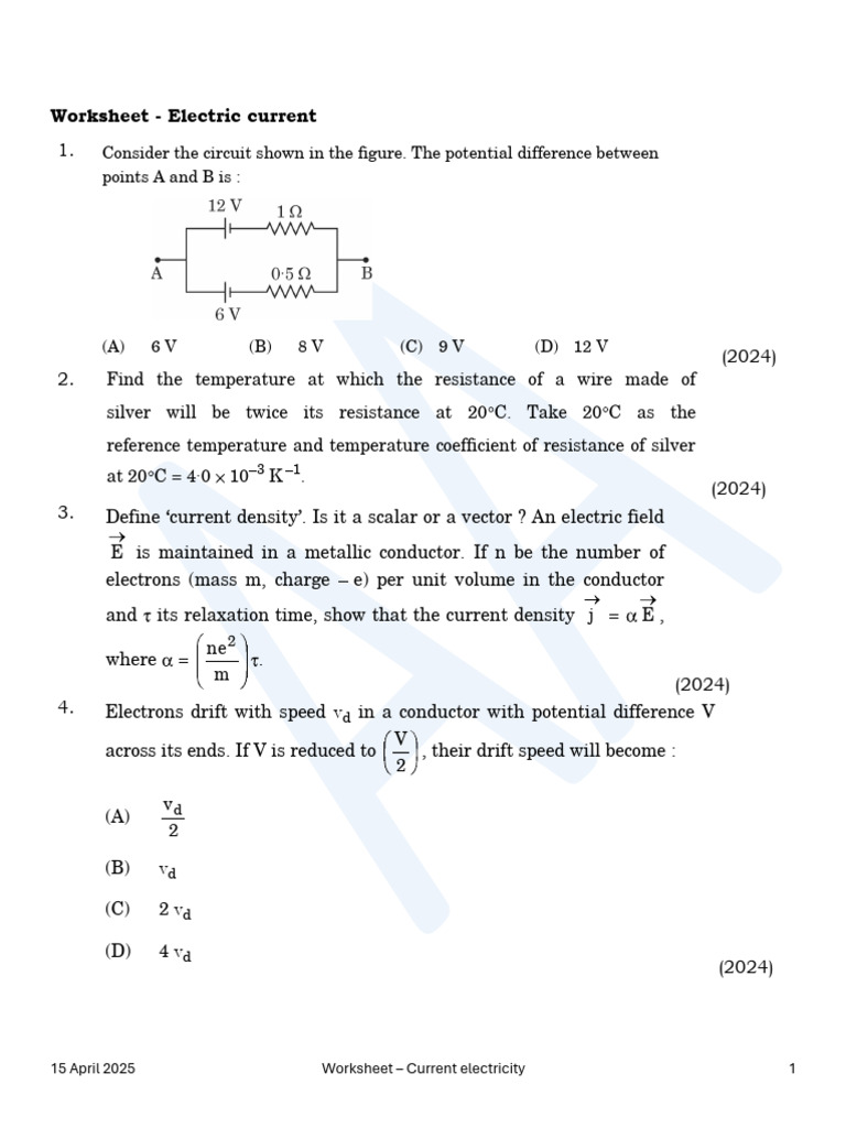 Worksheet Current Electricity | PDF | Electric Current | Voltage