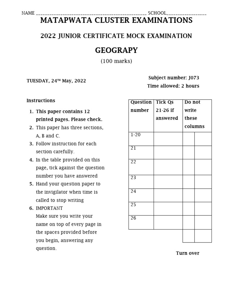 GEOGEGRAPHY... MOCK 2022 | PDF | Lake | Rain