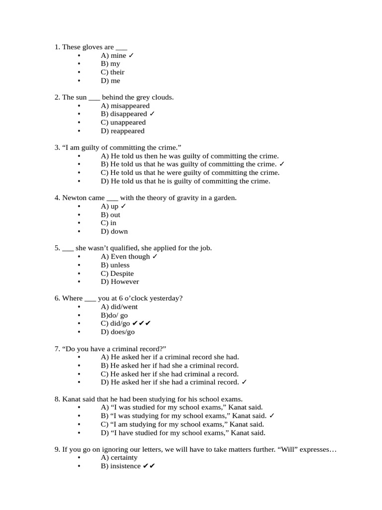 English Grammar Test Questions and Answers | PDF | Verb | Noun