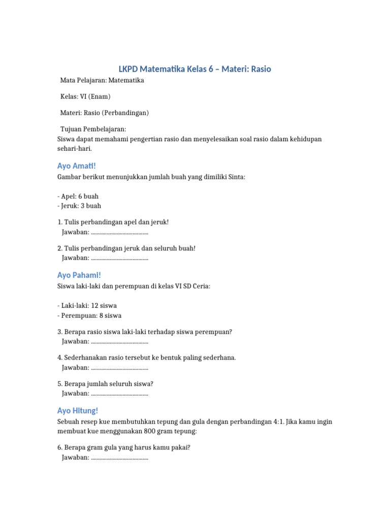 LKPD Rasio Kelas6 SD | PDF