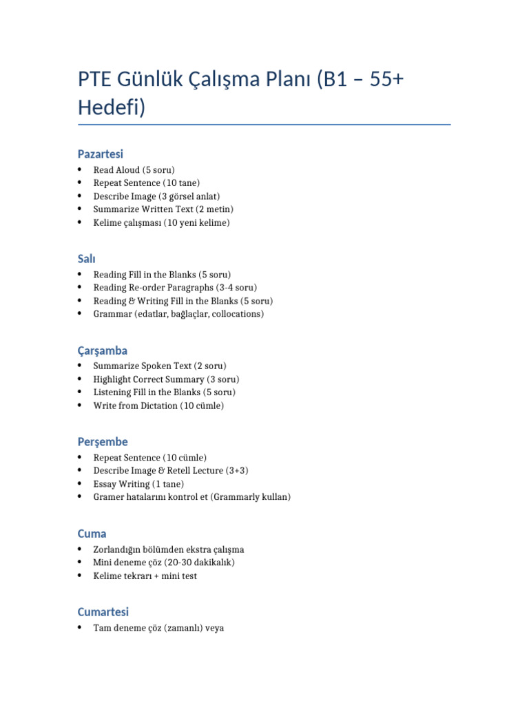 PTE Gunluk Calisma Plani 2 | PDF