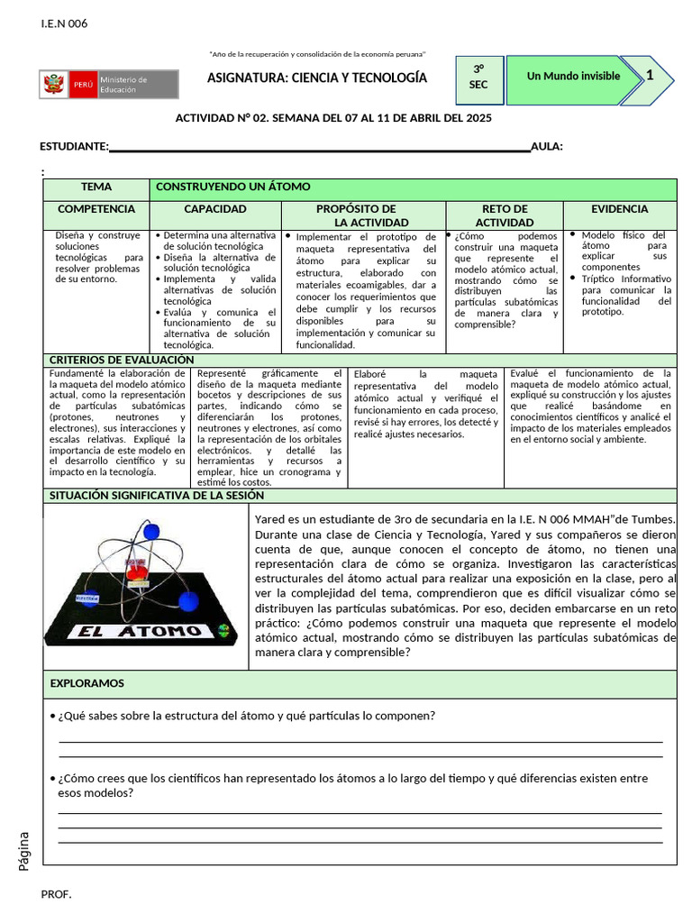 3° Sec - UNIDAD 1 - ACTIVIDAD 2 (CyT Diseña 2024) - Construyendo Un Átomo | PDF | Núcleo atómico ...