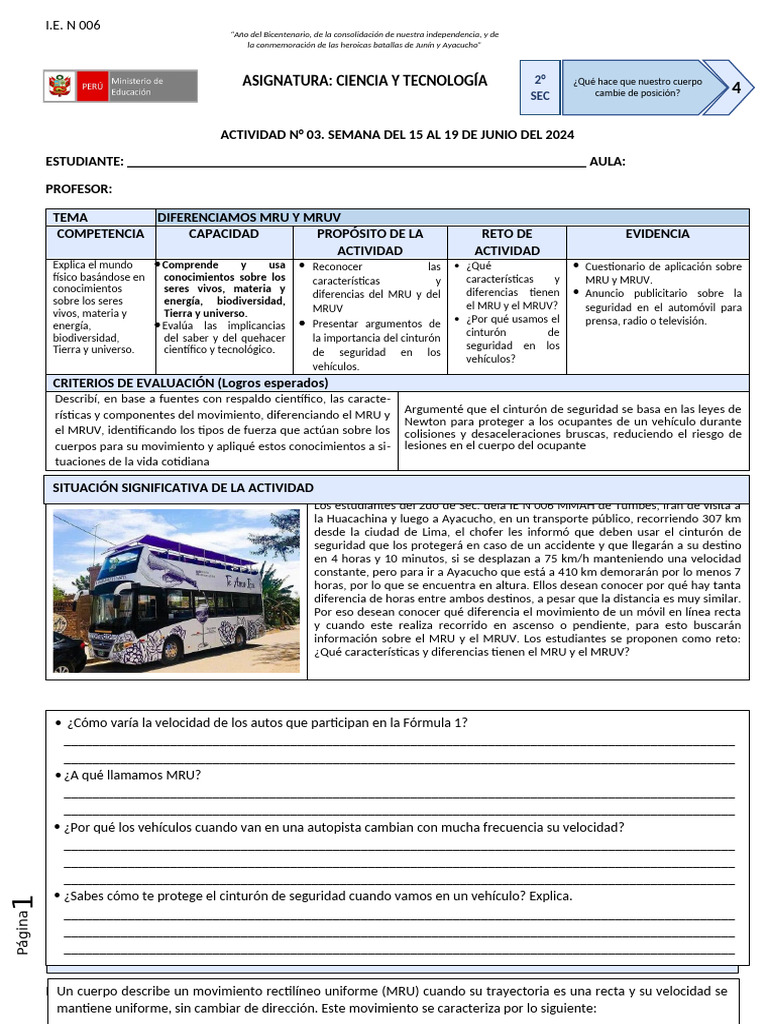 2°sec - UNIDAD 4 - ACTIVIDAD 2 (CyT Explica 2024) - Diferenciamos MRU y MRUV | PDF | Velocidad ...