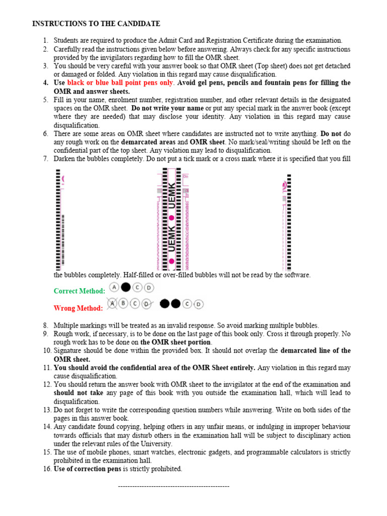 INSTRUCTIONS TO THE CANDIDATE - OMR Sheet Front Page | PDF | Books