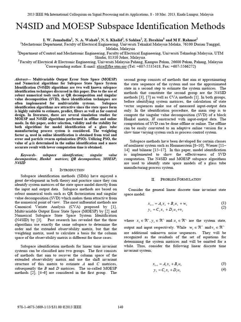 N4SID and MOESP Subspace Identification Methods | PDF | Matrix (Mathematics) | Applied Mathematics