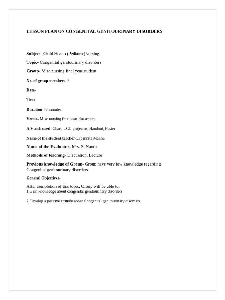 LESSon plan Congenital genitourinary disorders | PDF | Diseases And ...
