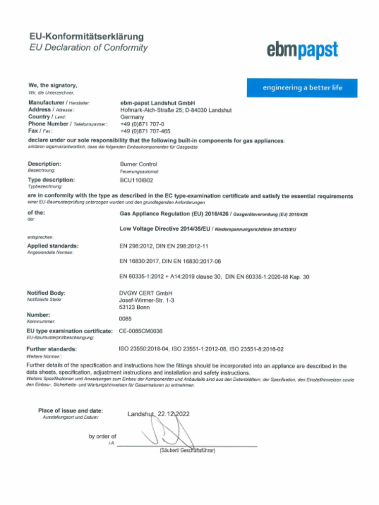 EU Declaration of Conformity - Gas Appliances Regulation - BCU - Burner ...