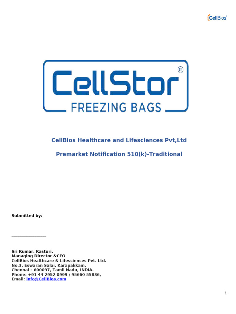 Cellstor Transfer Freezing Bag 510K Draft Copy 14-01-2023 | PDF | Food ...