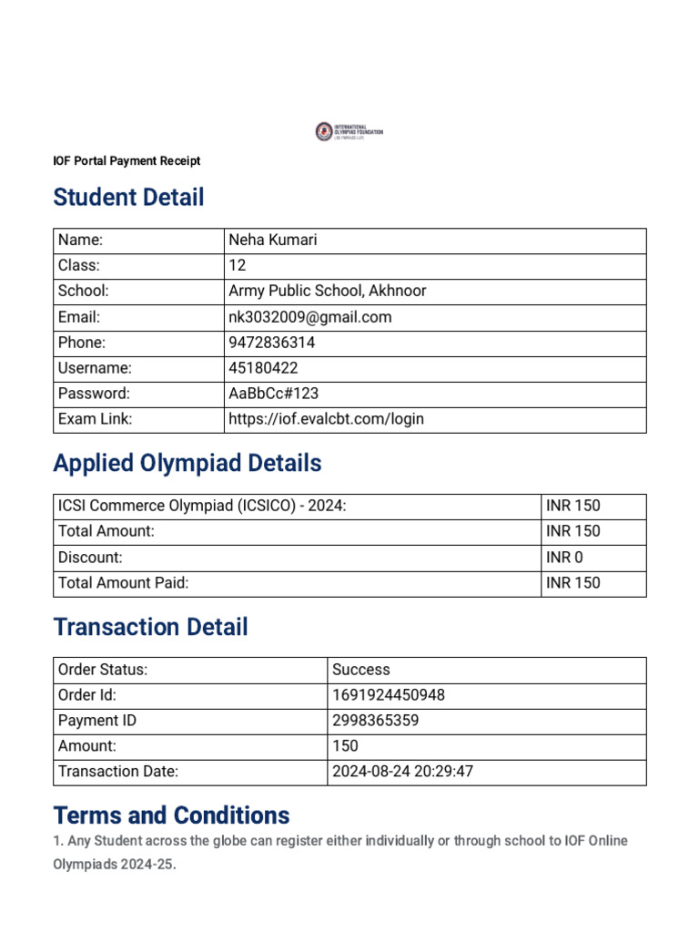 Icsi Olympiad Registration Receipt | PDF | Android (Operating System) | Computing