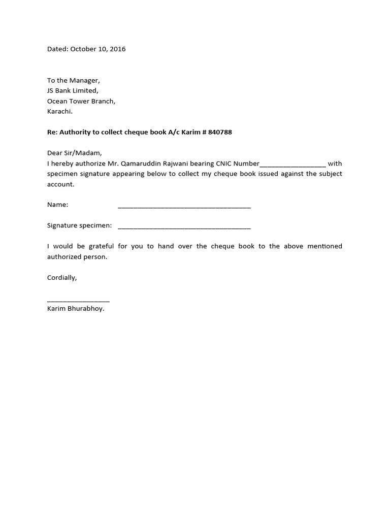 487758534 Cheque Book Authority Letter Docx | PDF
