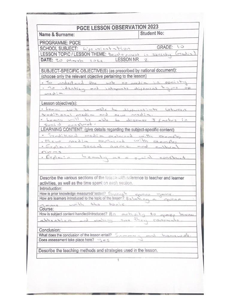 Pgce Lesson Observation 2023 2 | PDF