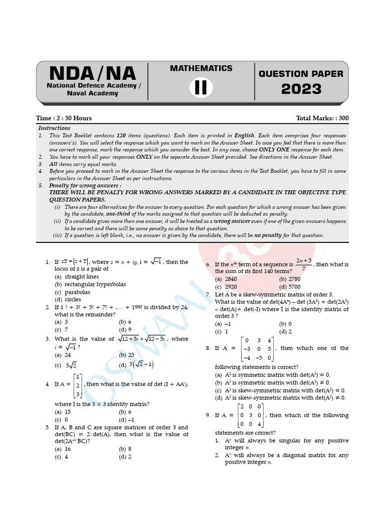 NDA Math Paper 2 2023 | PDF | Mathematical Physics | Algebra