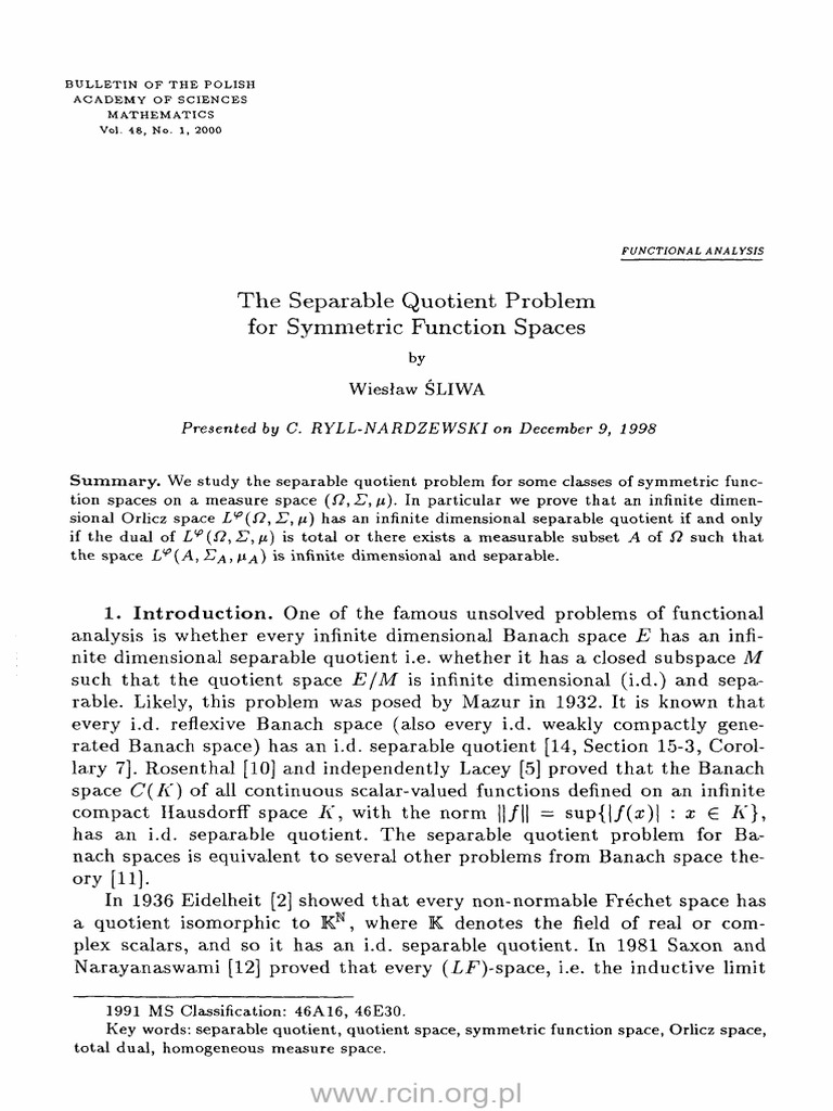 2000 The Separable Quotient Problem For Symmetric Function Spaces | PDF | Banach Space ...