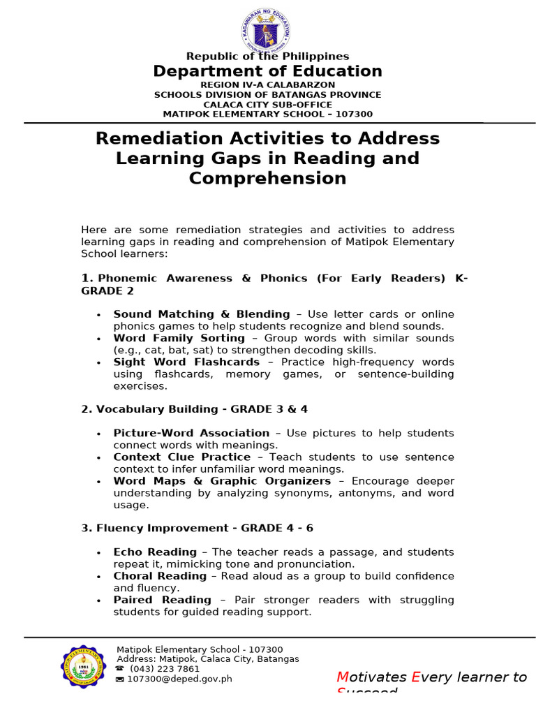 5 - Teachers Conducts Remediation Activities To Address Learning Gaps | PDF | Phonics | Reading ...