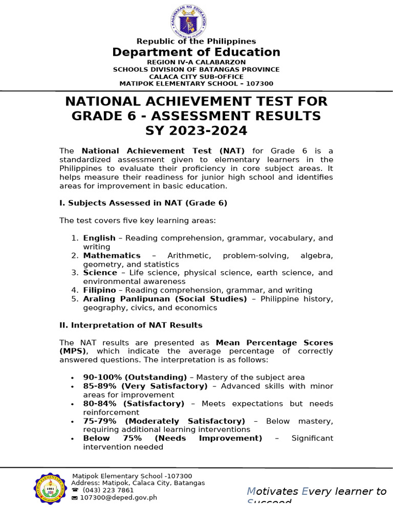 Grade 6 NAT Results Analysis 2024 | PDF | Critical Thinking ...