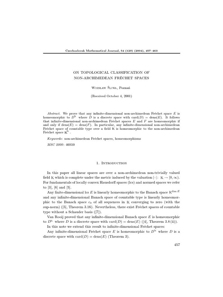 2004 On Topological Classification of Non-Archimedean Fréchet Spaces | PDF | Banach Space | Algebra